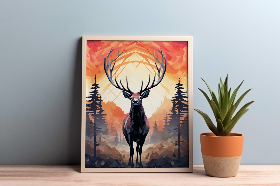 Rocky Mountain Elk Wilderness Print Geometric Abstract Wall Art With ...