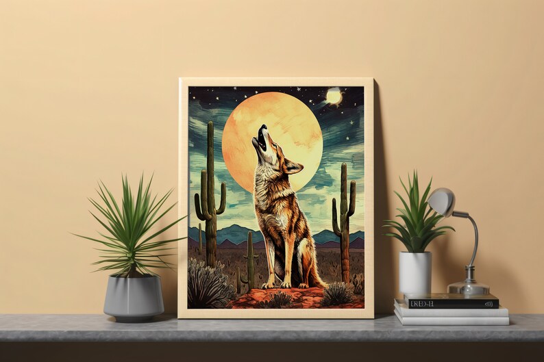 Howling Desert Coyote Night Sky Mysterious Charm Embodied in Monochrome ...