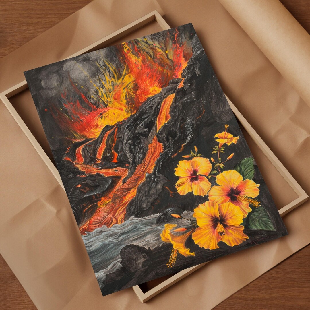 Kilauea Lava Flow Art Print Oil Pastel Drawing With Hawaiian Yellow ...