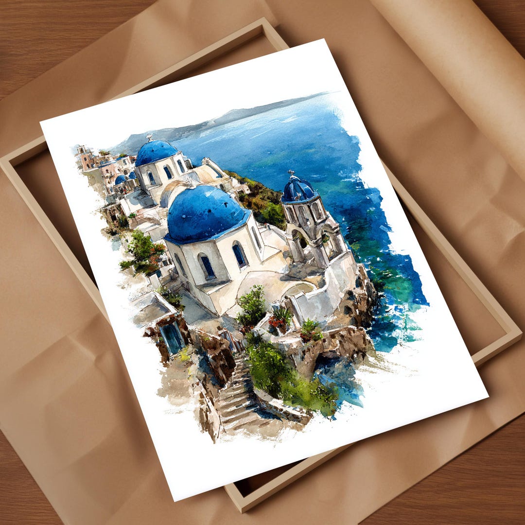 Santorini Blue Domes Watercolor Greek Island Art Print - Iconic Blue ...