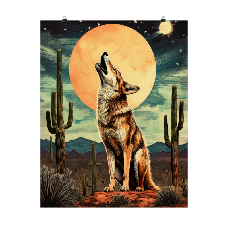 Howling Desert Coyote Night Sky Mysterious Charm Embodied in Monochrome ...