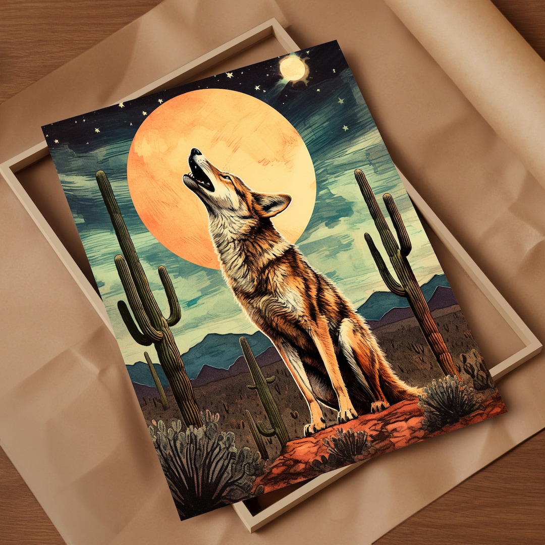 Howling Desert Coyote Night Sky Mysterious Charm Embodied in Monochrome ...