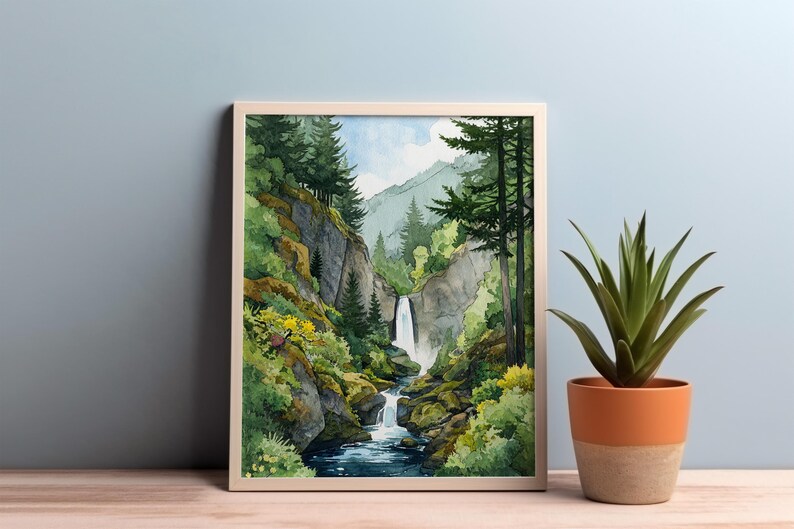 Columbia River Gorge Waterfalls Watercolor Art Print Cascades Green ...