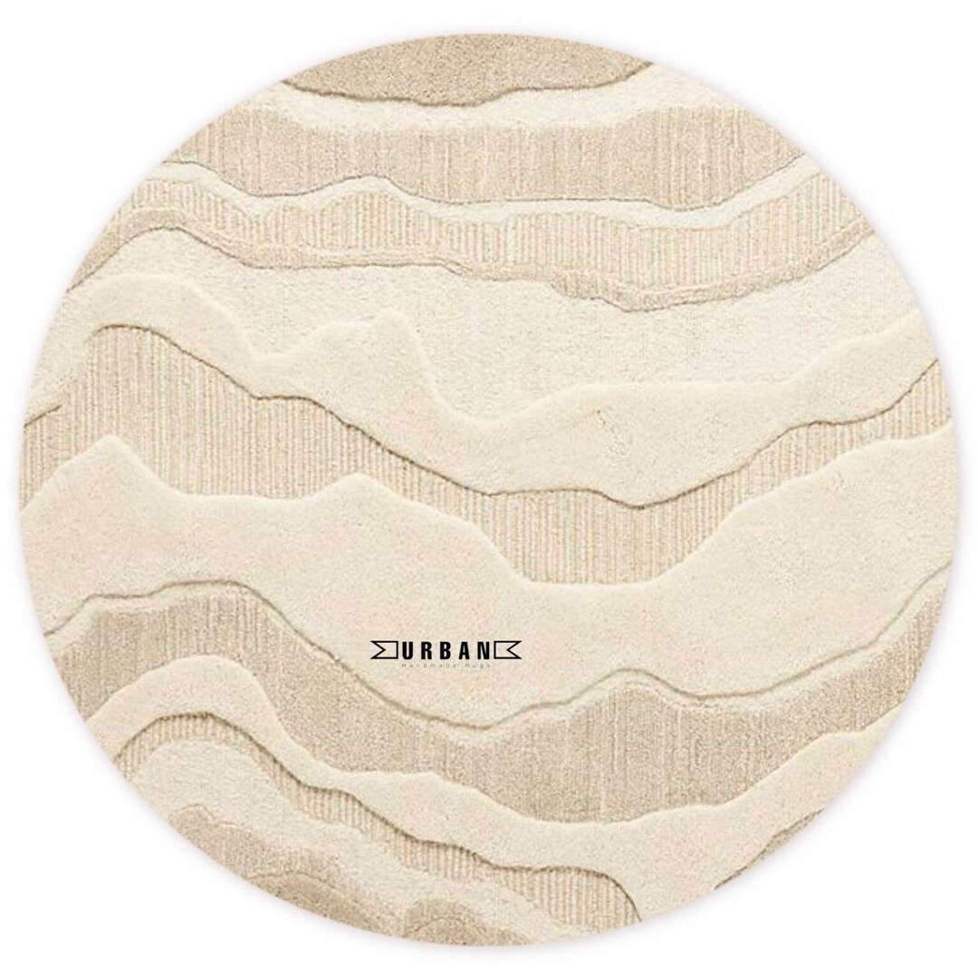 Minimalist Ivory Beige Textured Round Modern Abstract Handmade Woolen ...