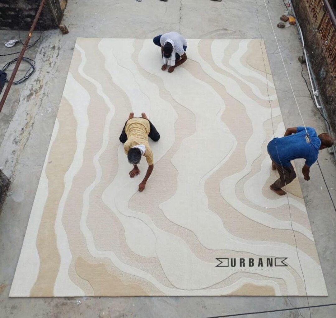 Ivory Beige Color Minimalist Modern Abstract Handmade Textured Woolen ...