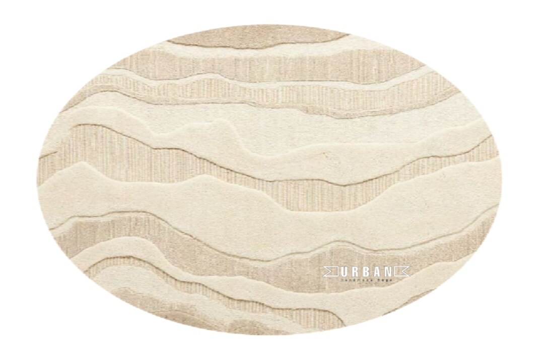 Minimalist Ivory Beige Textured Round Modern Abstract Handmade Woolen ...