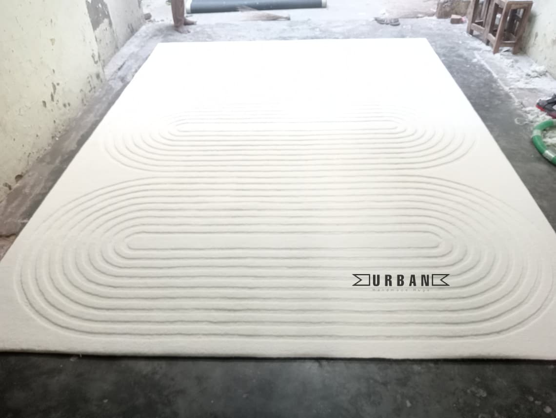 Ivory White Solid High Low Plush Pile Handmade Textured Woollen Tufted ...