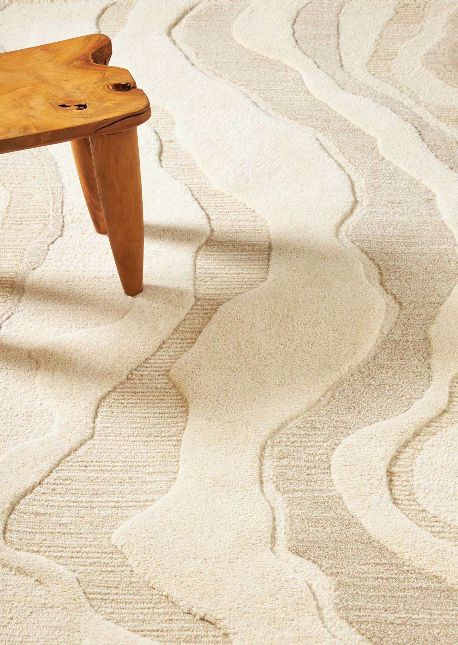 Ivory Beige Color Minimalist Modern Abstract Handmade Textured Woolen ...