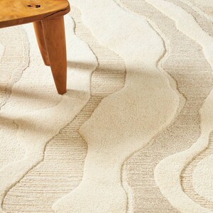 Ivory Beige Color Minimalist Modern Abstract Handmade Textured Woolen ...