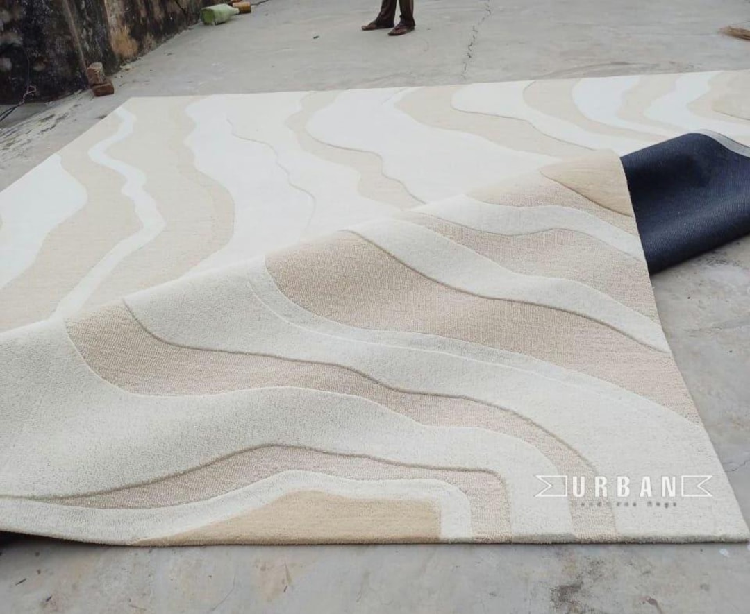 Ivory Beige Color Minimalist Modern Abstract Handmade Textured Woolen ...