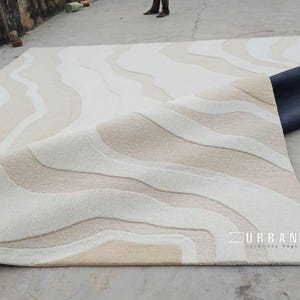 Ivory Beige Color Minimalist Modern Abstract Handmade Textured Woolen ...