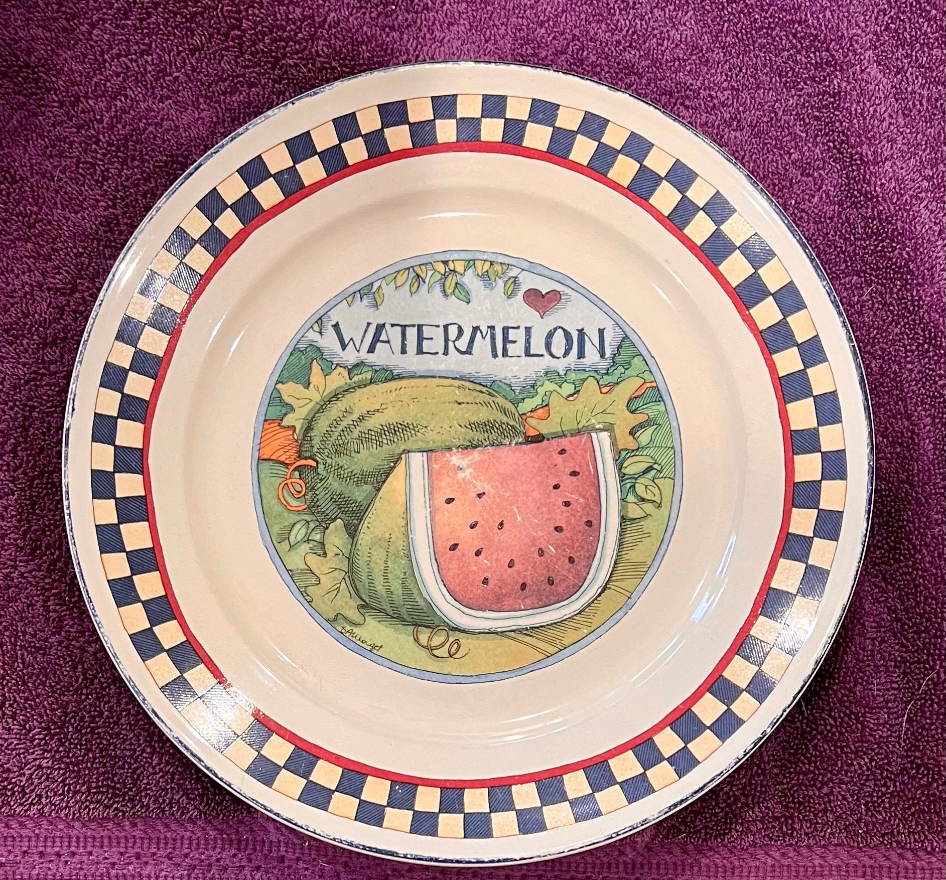 Vtg. SUSAN WINGET checkerboard Farms Dinner Plates Watermelon, Peach ...