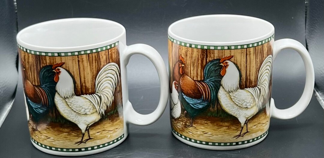Set of 2 Rooster Chicken Mugs on the Farm David Carter Brown Collection ...