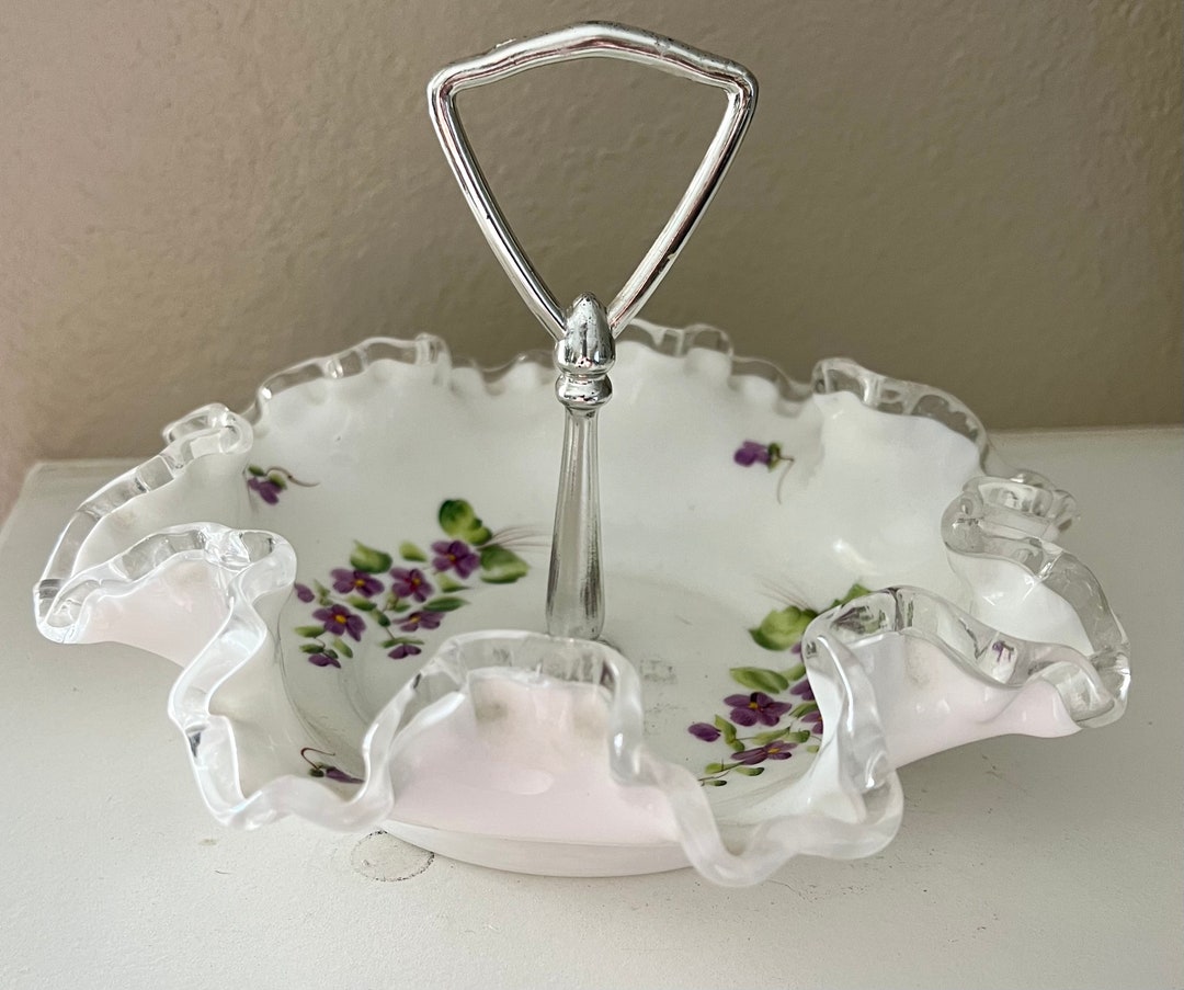 Vtg Fenton Milk Glass Silver Crest Hand Painted Violets in the Snow ...