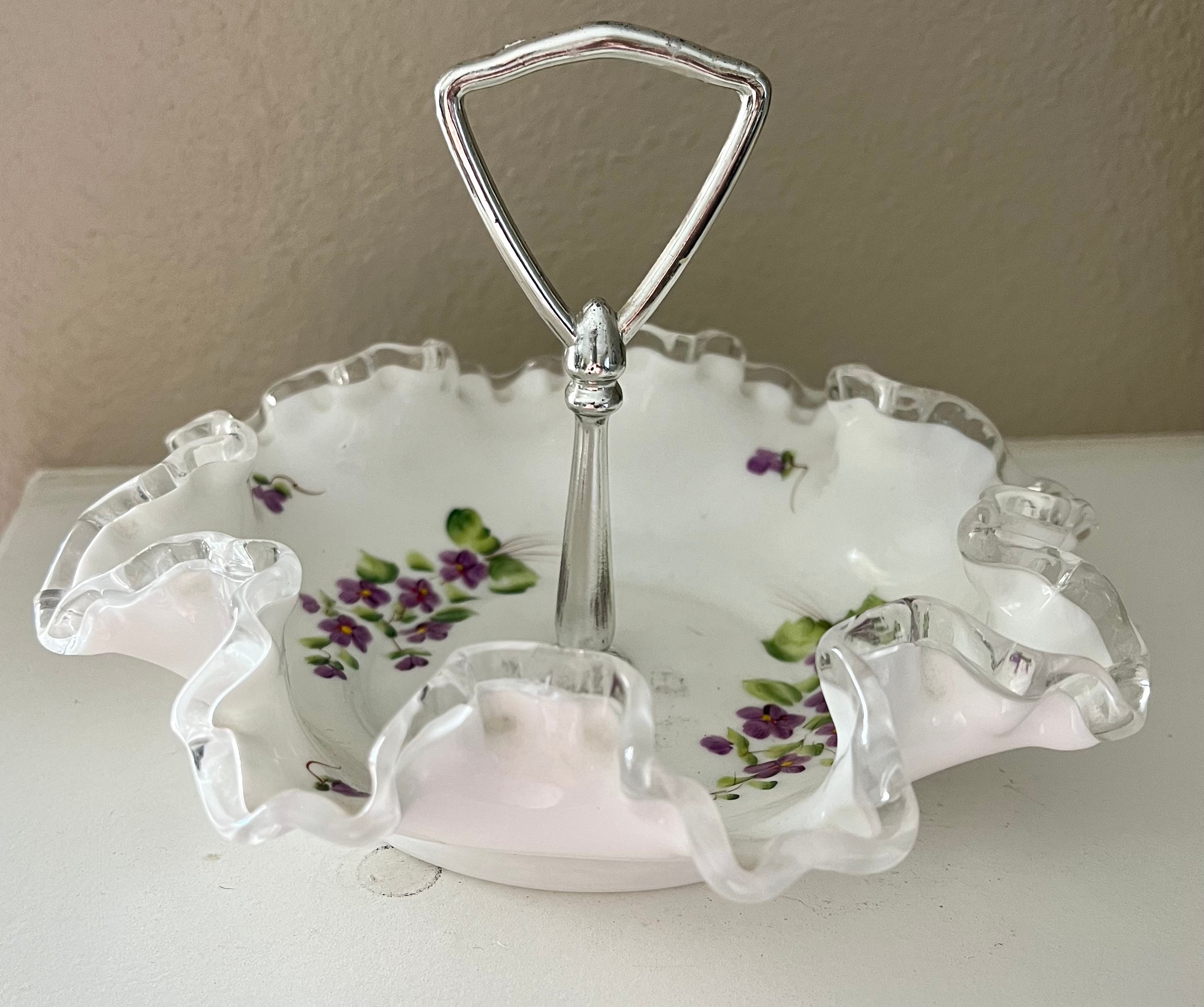 Vtg Fenton Milk Glass Silver Crest Hand Painted Violets in the Snow ...