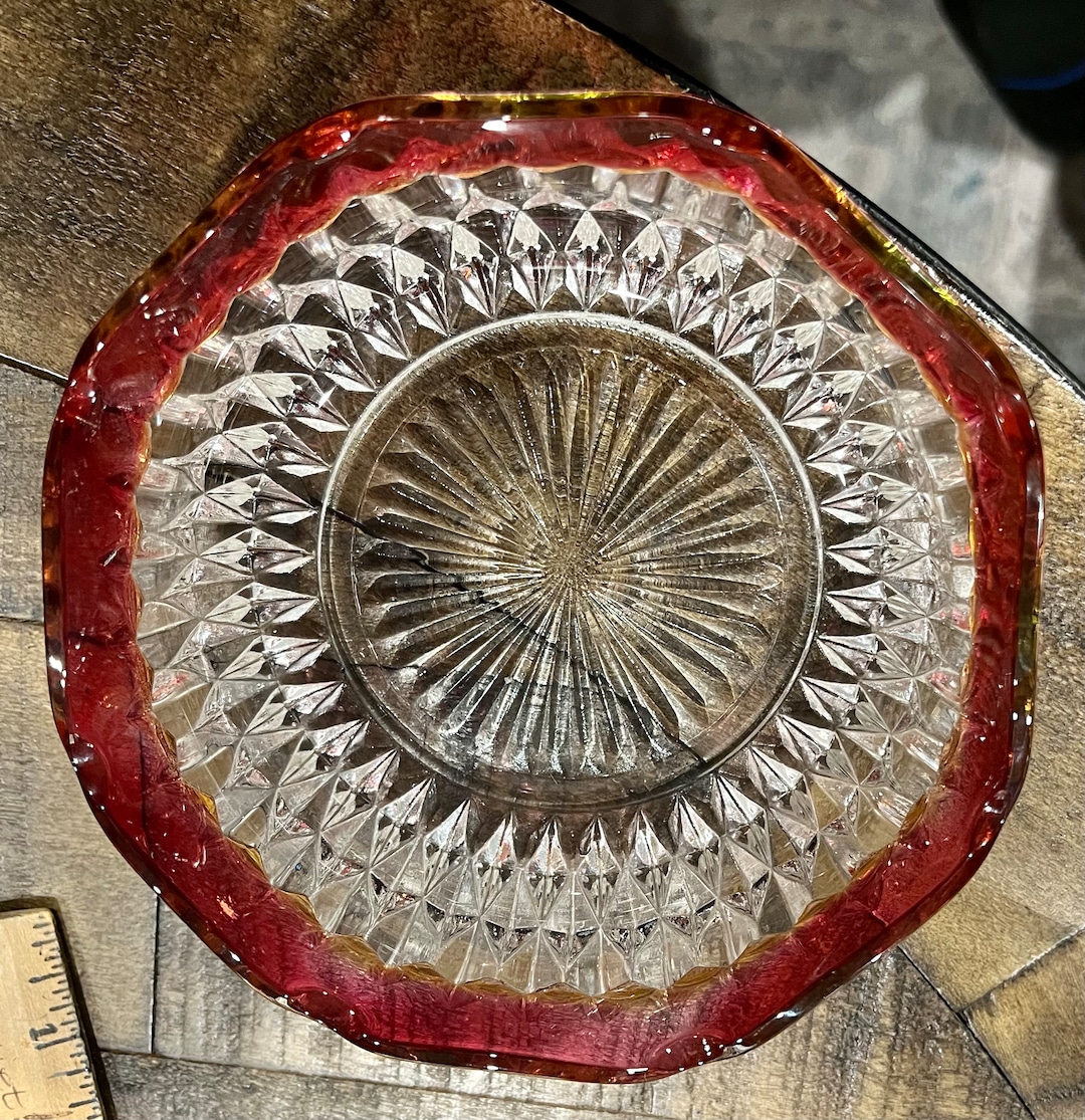 Indiana Glass Diamondpoint With Ruby Rim Candy/nut Bowl - Etsy