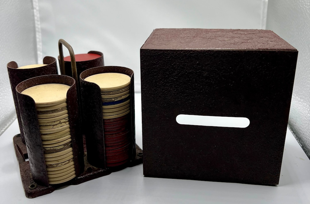 Vintage Red Metal Poker Chips Holder/box With Original Wooden Poker ...