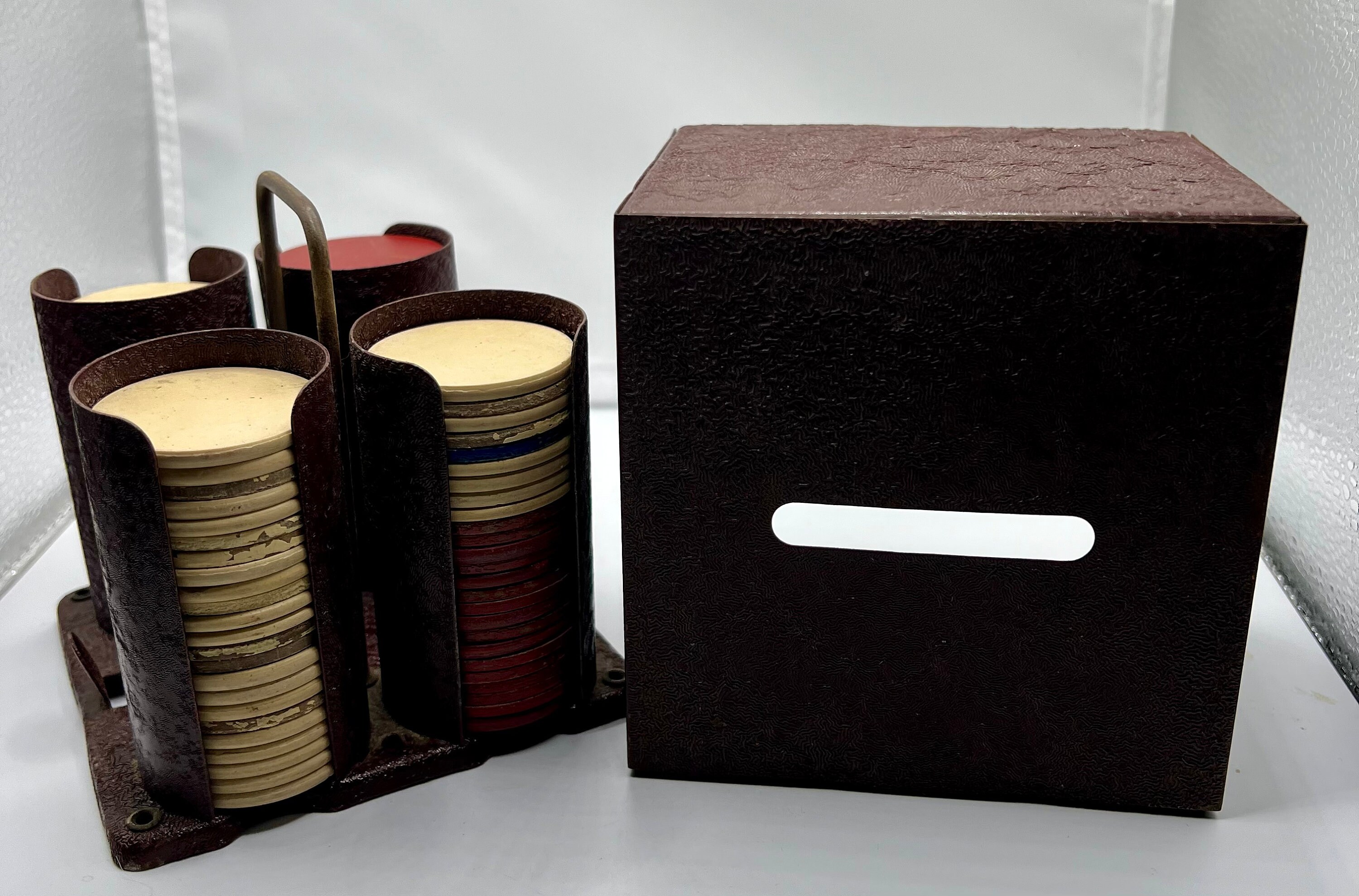 Vintage Red Metal Poker Chips Holder/box With Original Wooden Poker ...