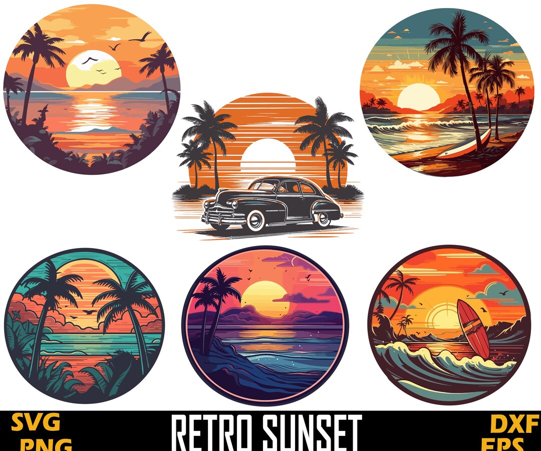 Retro Sunset SVG Bundle , Retro Sunset SVG PNG , Palm Tree Svg , Sunset Clipart , Vintage Retro ...