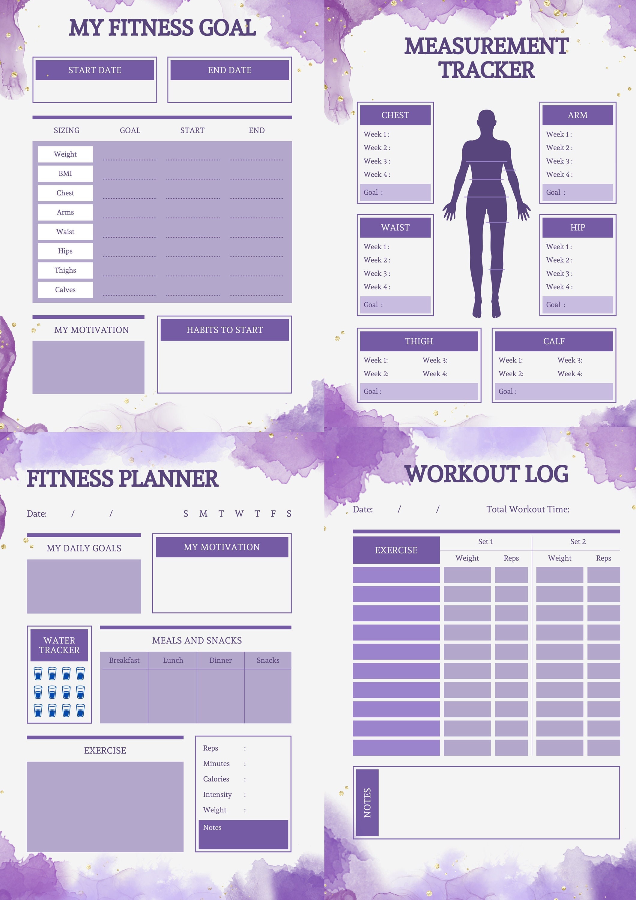 Fitness Goal, Measurement Tracker, Fitness Planner, Workout Log - Etsy