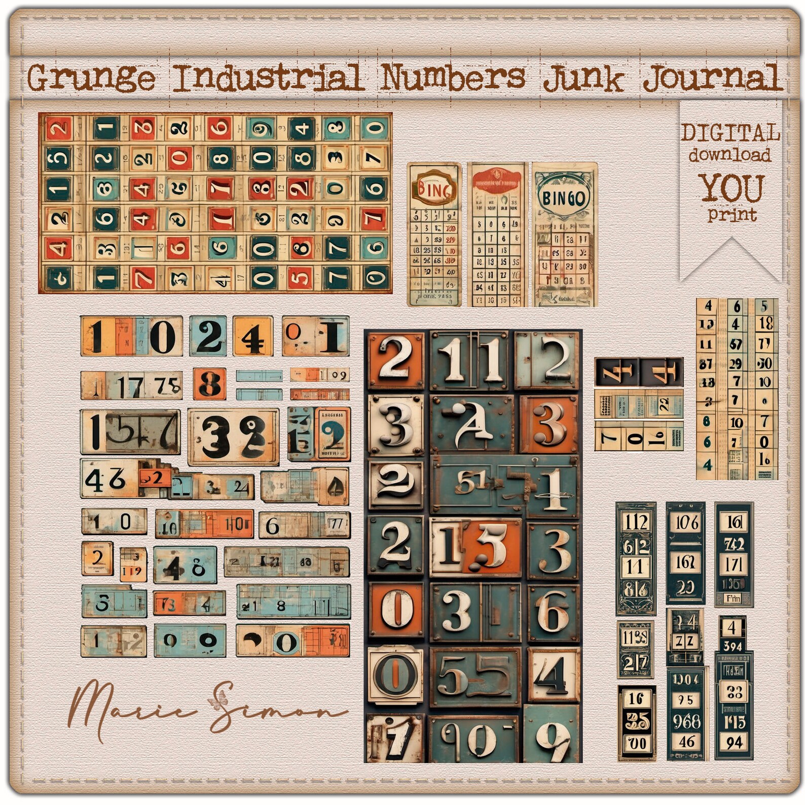 Printable Grunge and Industrial Numbers, Junk Journal, Printable Files ...