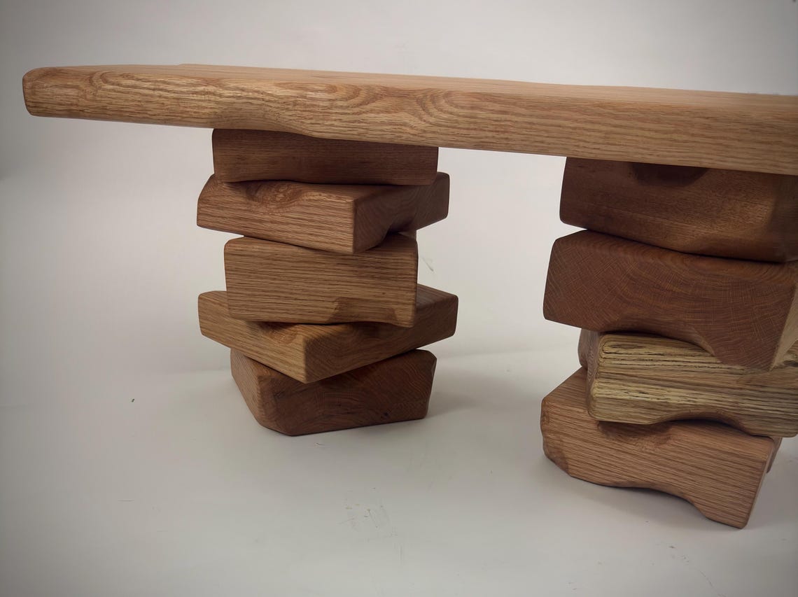 Sculptural Coffee Table: Decorative River Rock Bench, Solid Wood Oak ...