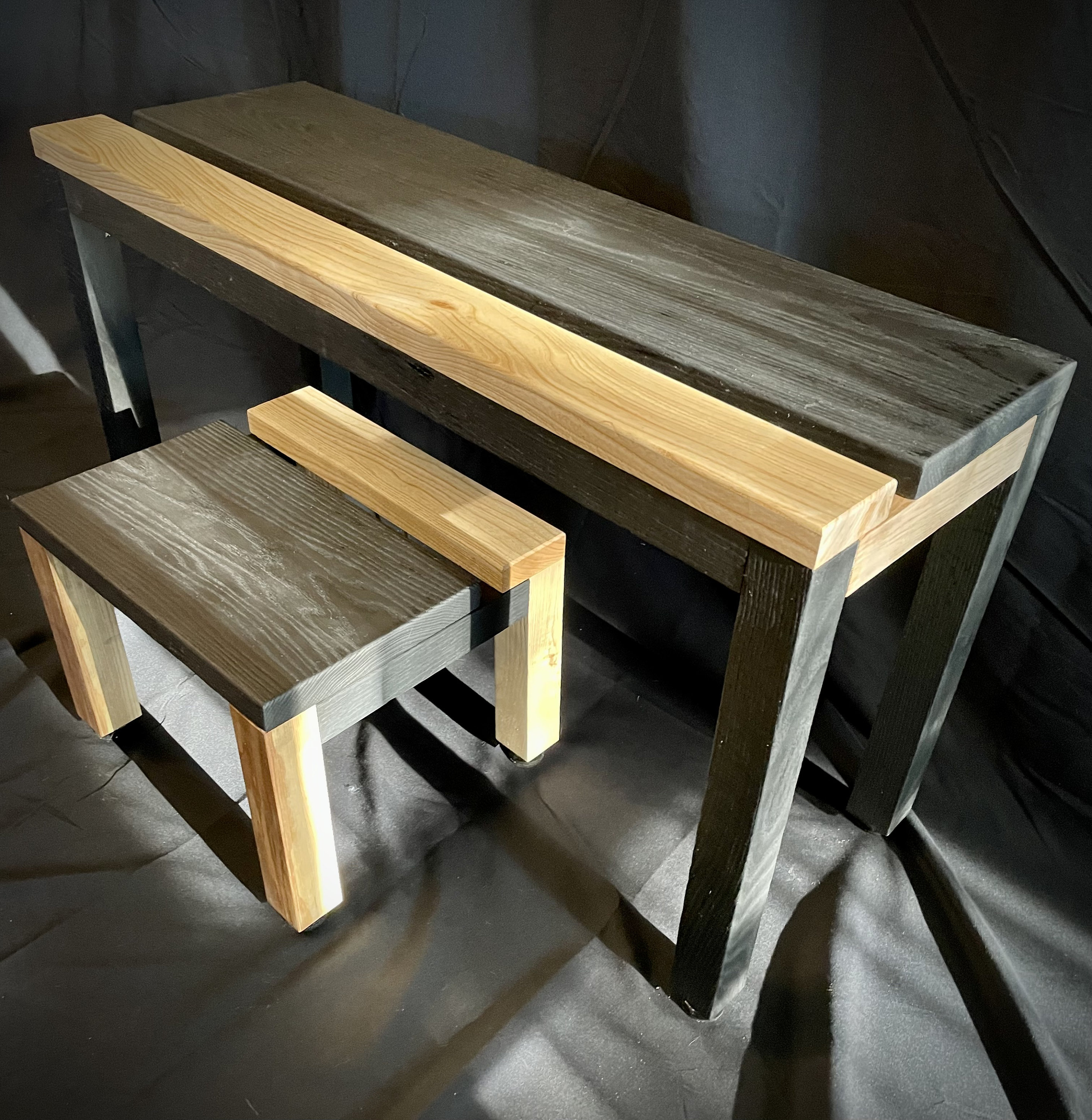 Shou Sugi Ban Charred Entryway Bench With Stool, Natural Hardwood ...