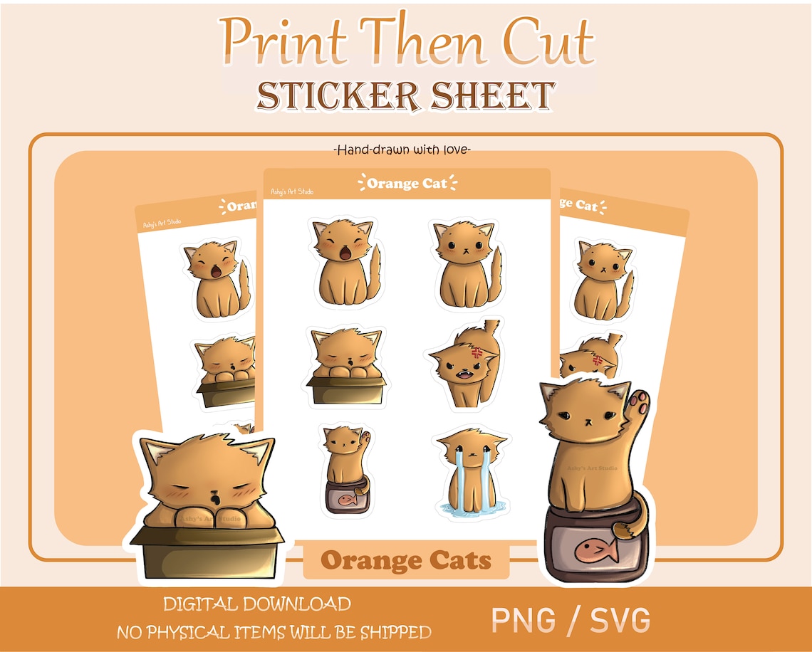 Printable Orange Cat Sticker Sheet, Cricut, Silhouette, Ginger Cat ...