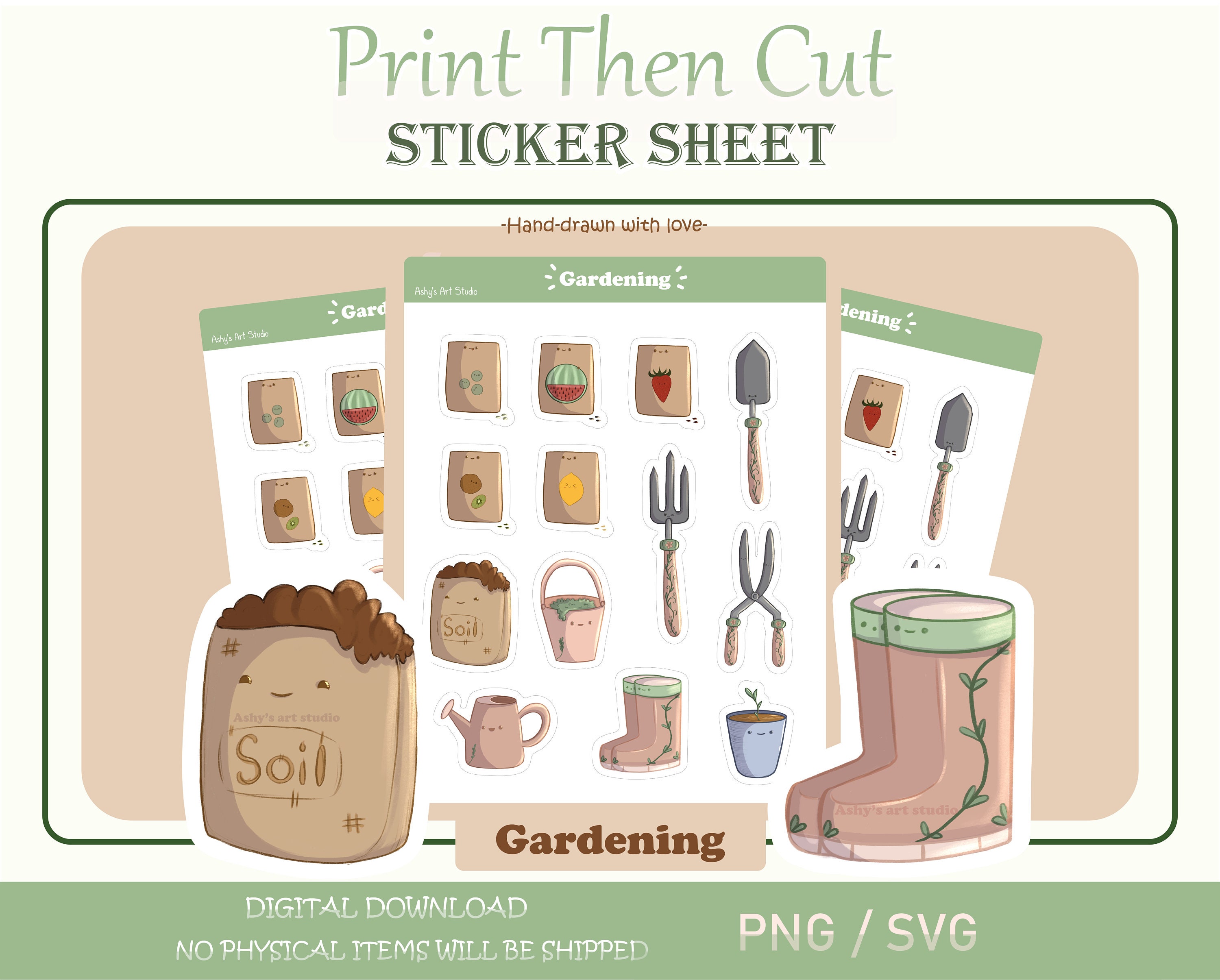 Printable Gardening Sticker Sheet, Cricut, Silhouette, Spring Stickers ...