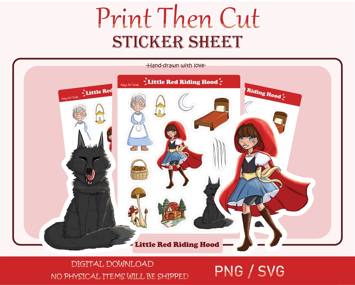 Printable Little Red Riding Hood Sticker Sheet, Cricut, Silhouette ...