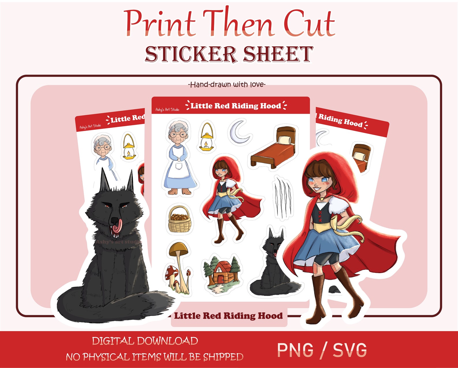 Printable Little Red Riding Hood Sticker Sheet, Cricut, Silhouette ...