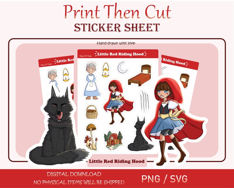 Printable Little Red Riding Hood Sticker Sheet, Cricut, Silhouette ...