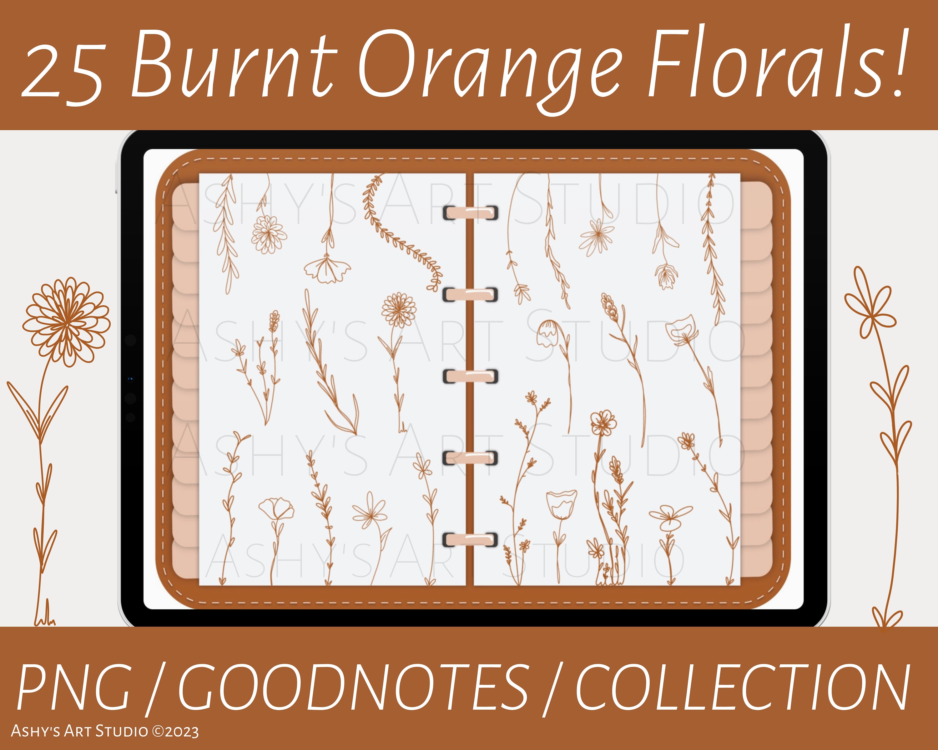 Burnt Orange Florals Goodnotes Stickers, Flower Stickers, Digital ...