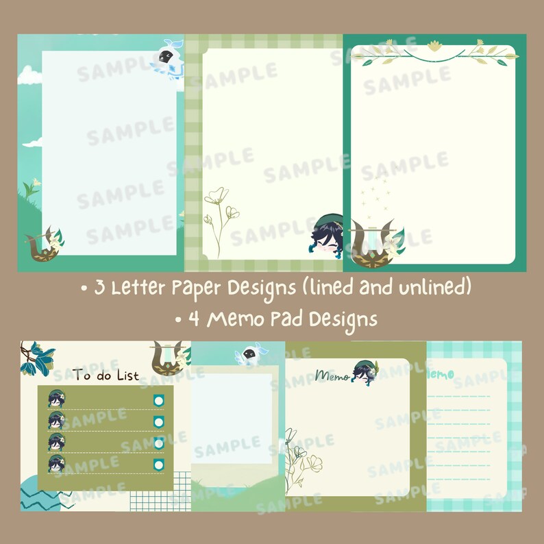 Venti Genshin Impact Letter Paper and Memo Pads Printable Stationery ...