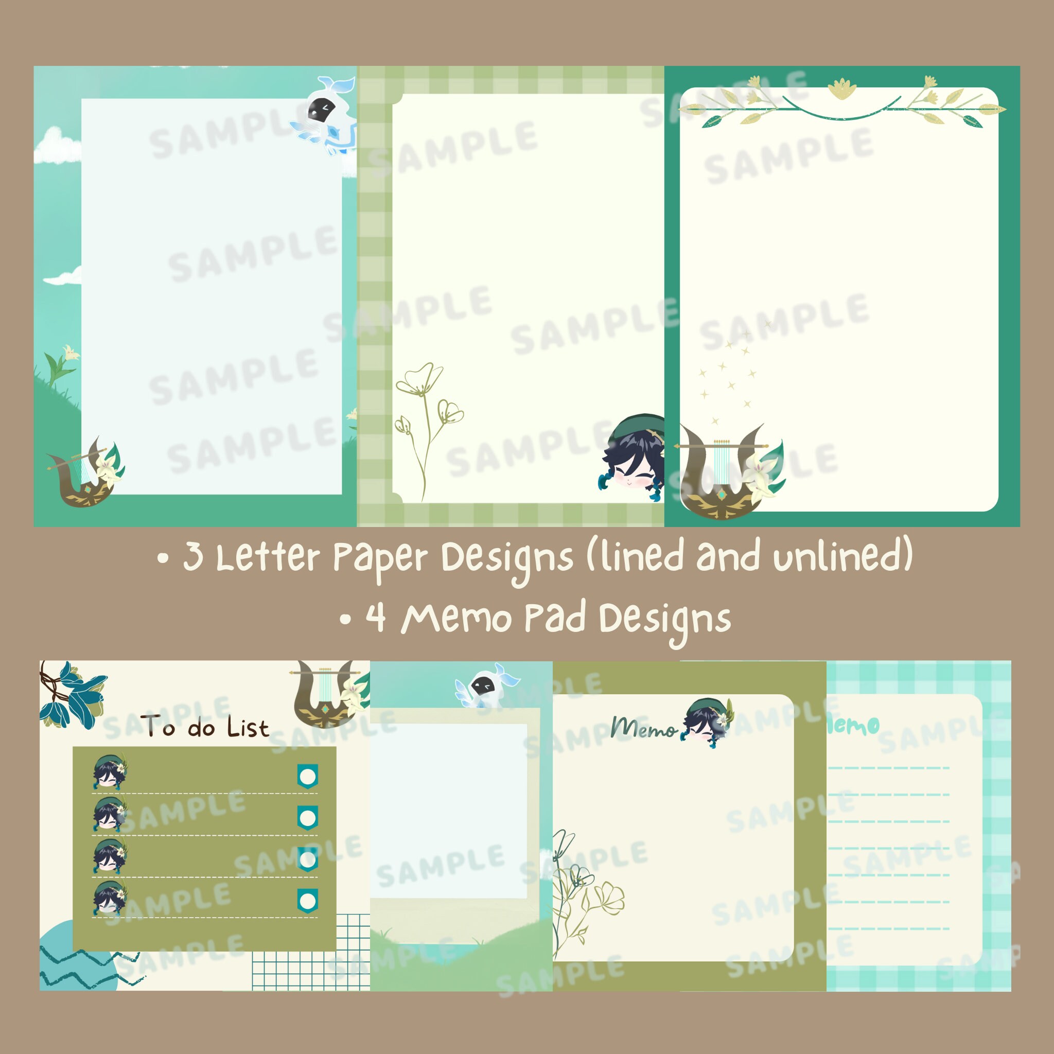 Venti Genshin Impact Letter Paper and Memo Pads Printable Stationery ...
