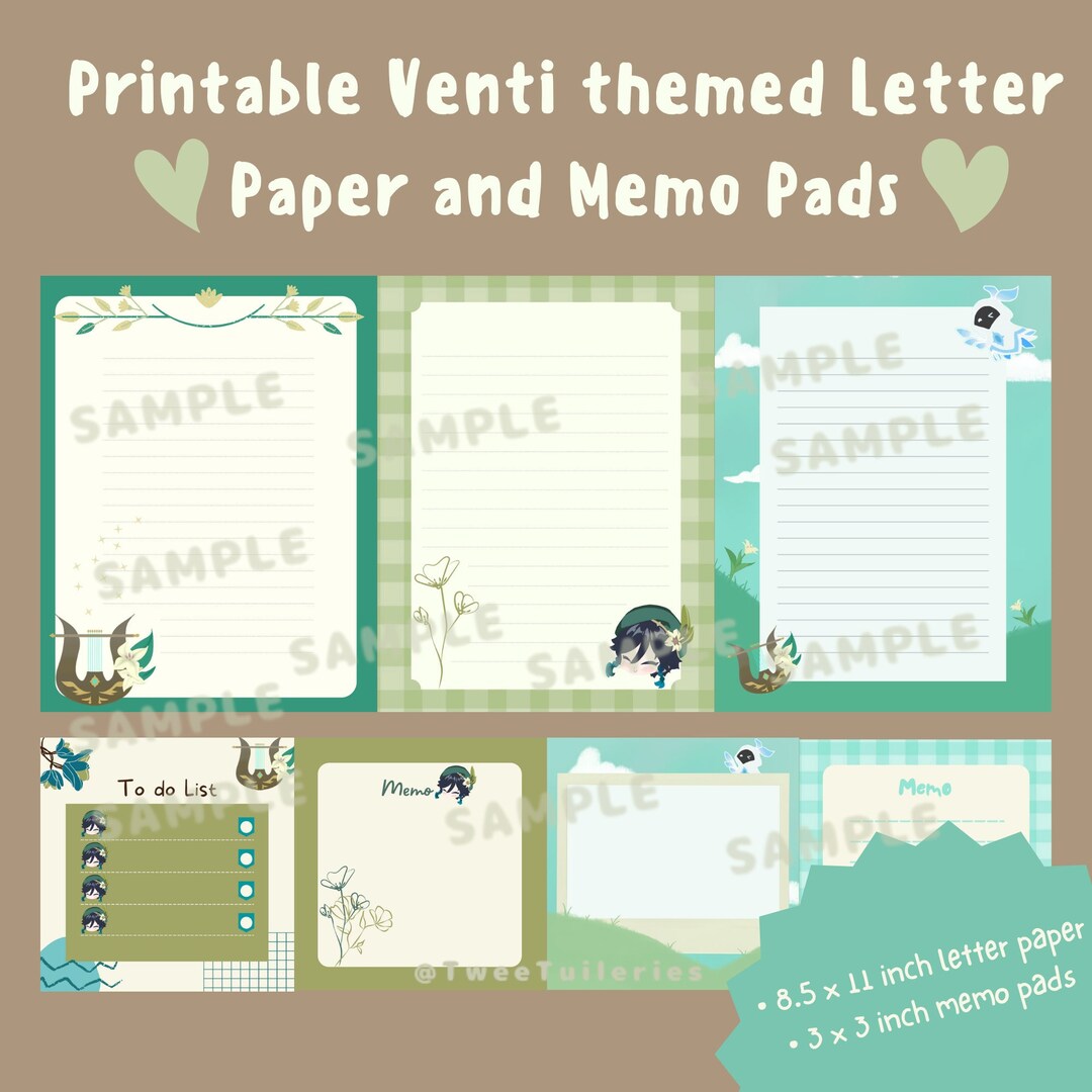 Venti Genshin Impact Letter Paper and Memo Pads Printable Stationery ...