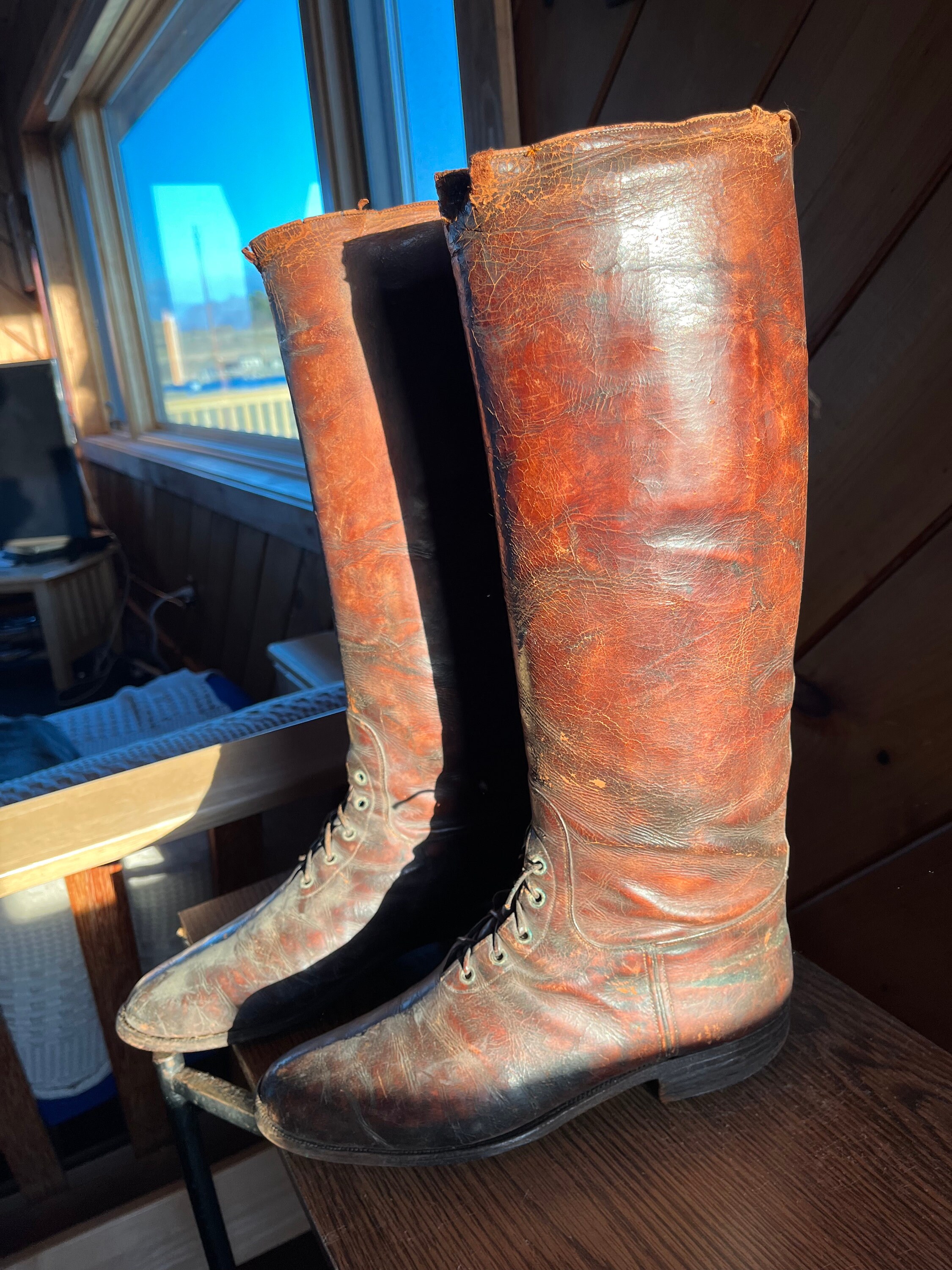 Beautiful Rich Brown Leather Antique Riding Boots and Whip Horse ...