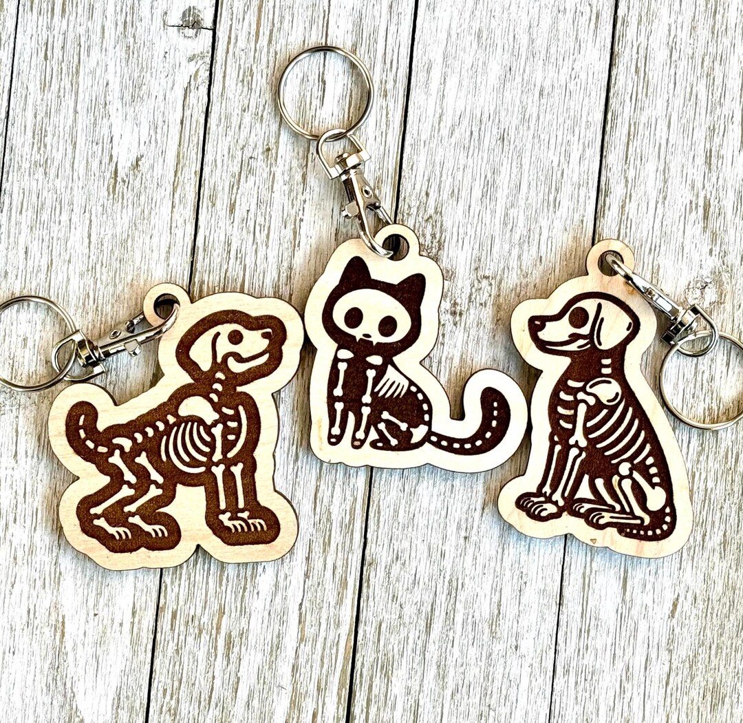 Fun Dog and Cat Skeleton Wood Keychains, Xray Animals, Bag Tags, Car ...