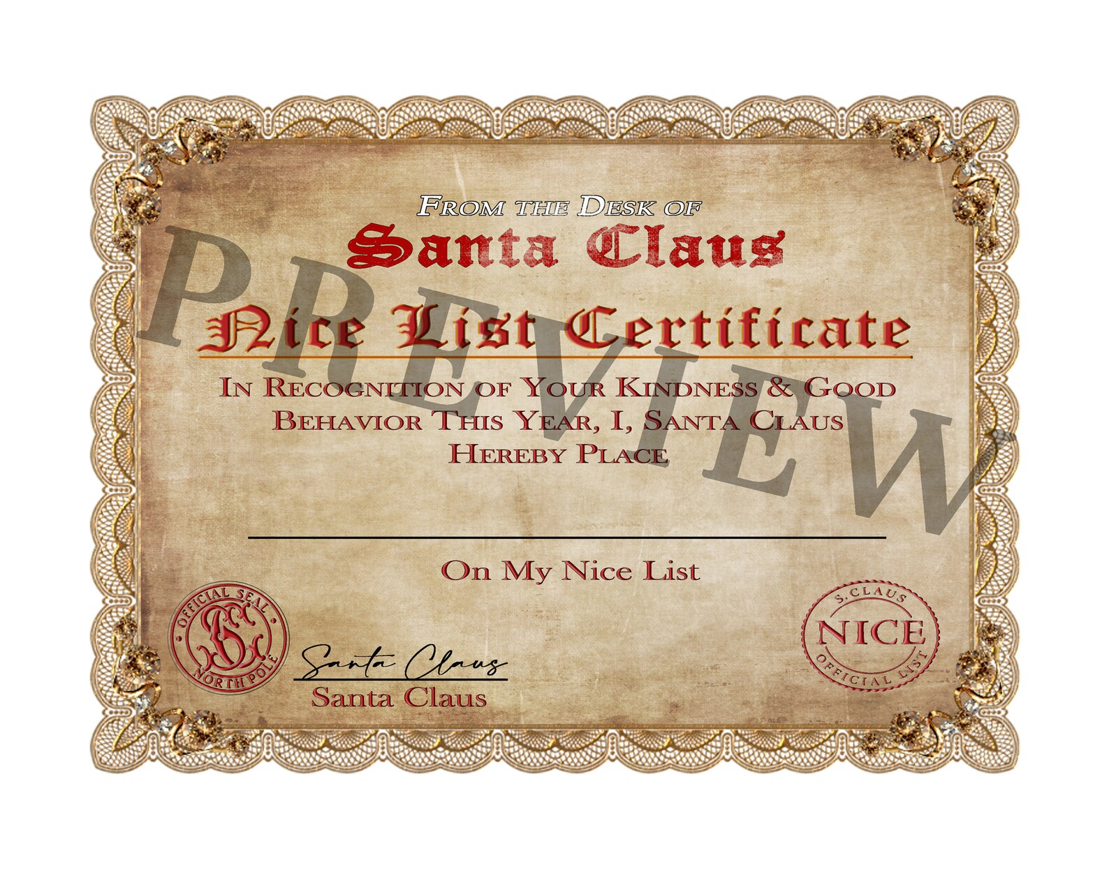 Printable Nice List Certificate From Santa Claus / Digital Download ...