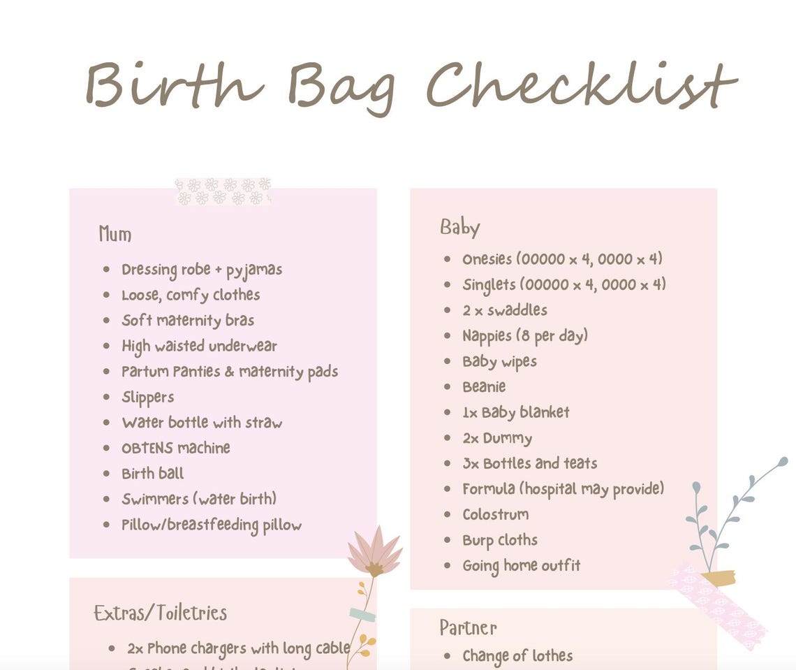 Birth Bag Checklist Hospital Bag Checklist by a Women's Health Physio ...