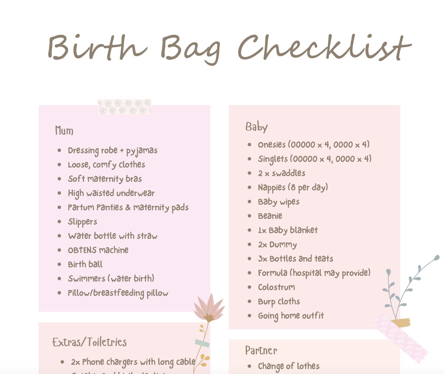 Birth Bag Checklist Hospital Bag Checklist by a Women's Health Physio ...