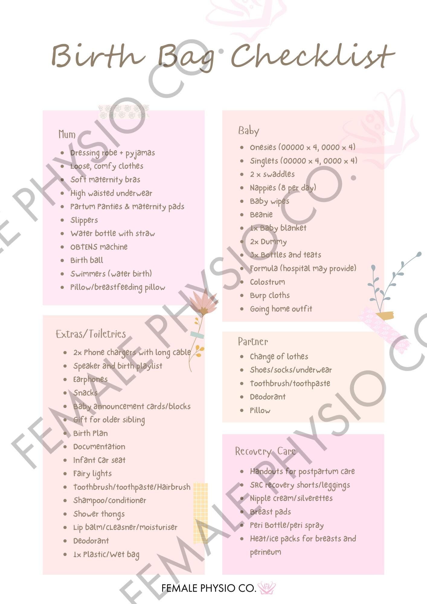 Birth Bag Checklist Hospital Bag Checklist by a Women's Health Physio ...