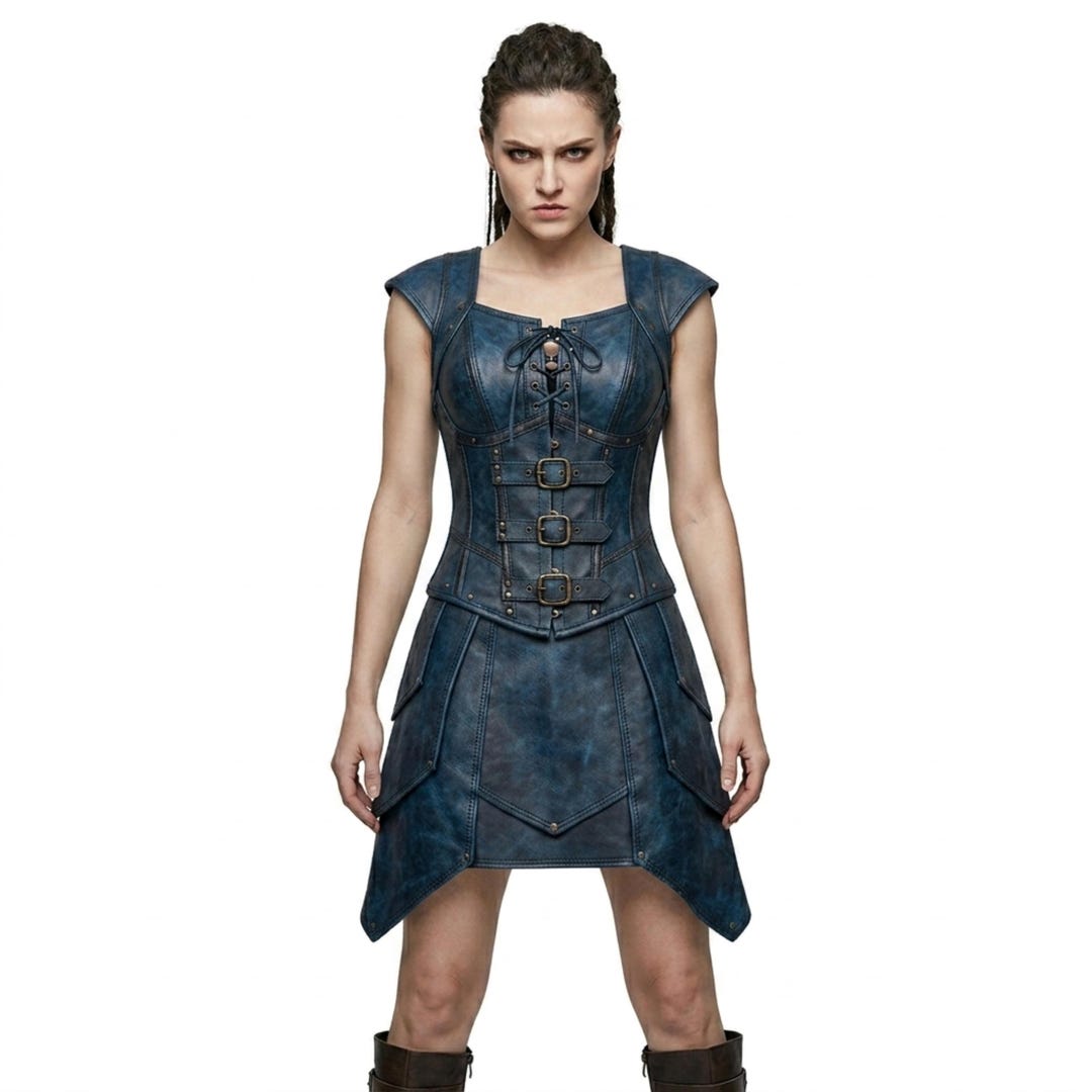 Woman Blue Leather Warrior Corset Dress – Medieval Cosplay, Renaissance ...