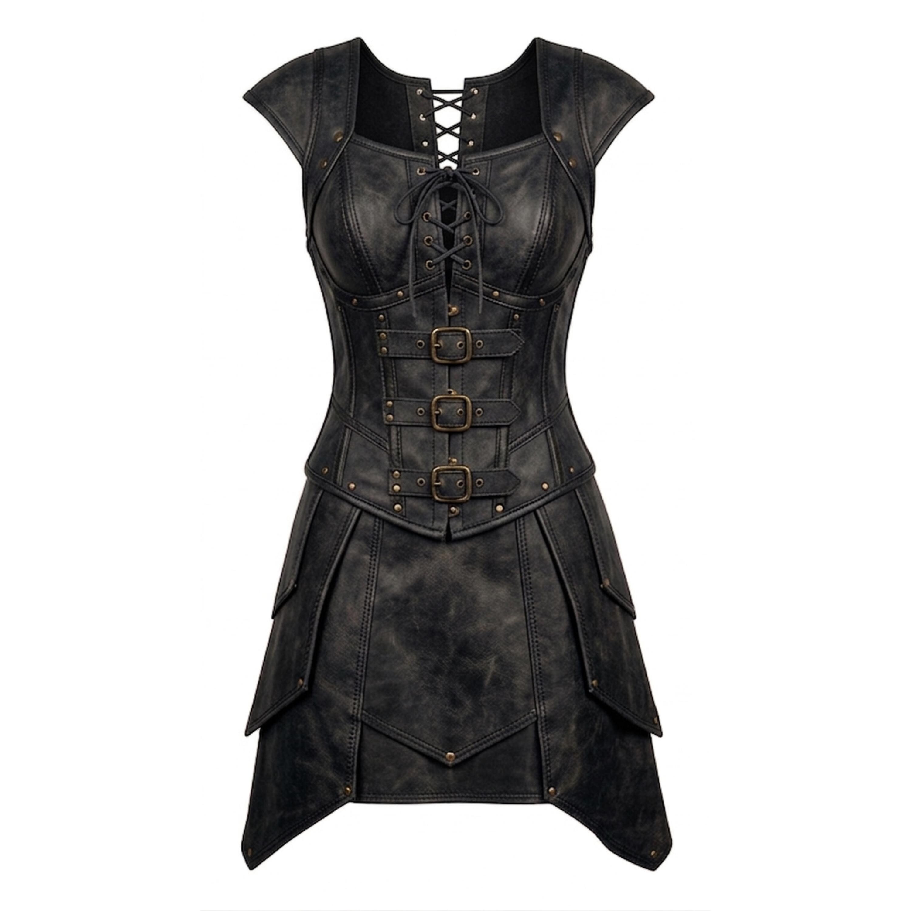 Woman Black Leather Warrior Corset Dress – Medieval Cosplay, LARP Armor ...