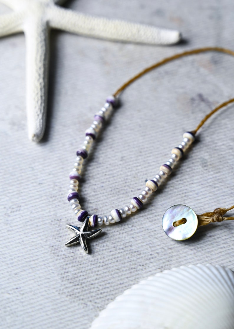 Wampum Quahog Necklace for Women, Sterling Silver Starfish Charm ...