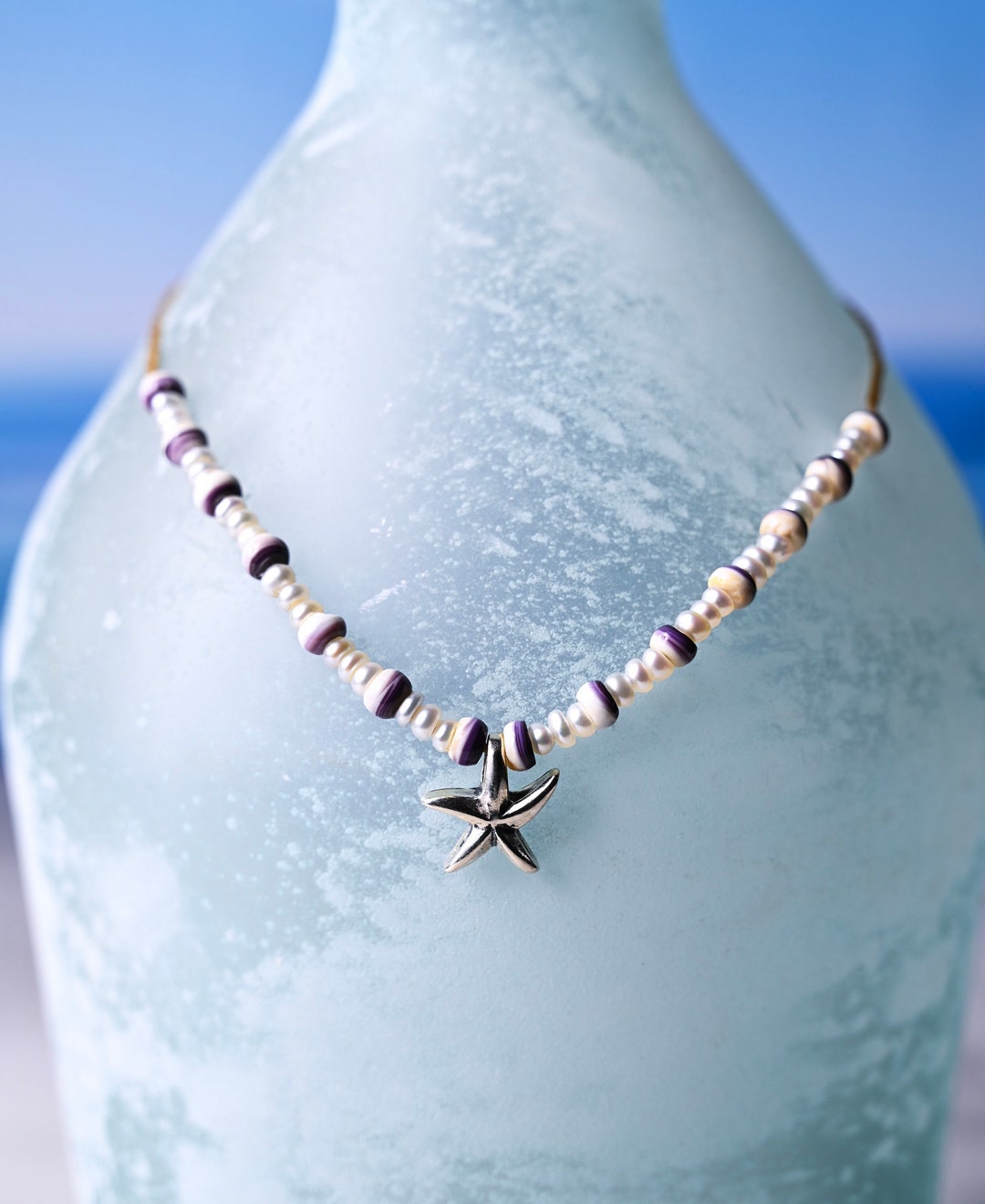 Wampum Quahog Necklace for Women, Sterling Silver Starfish Charm ...