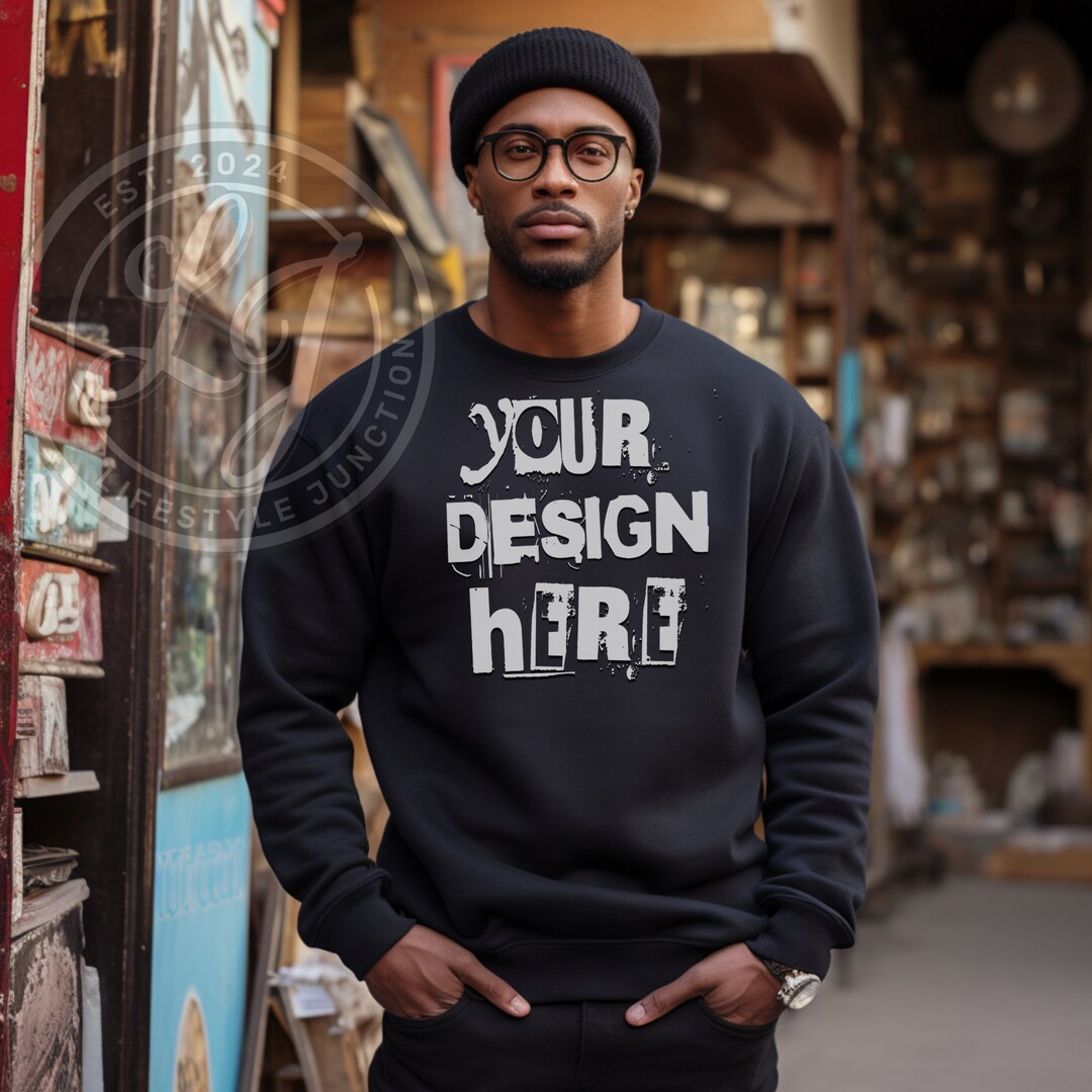 Black Sweatshirt Models Black Male Model Lifestyle Mockup Gildan Man ...