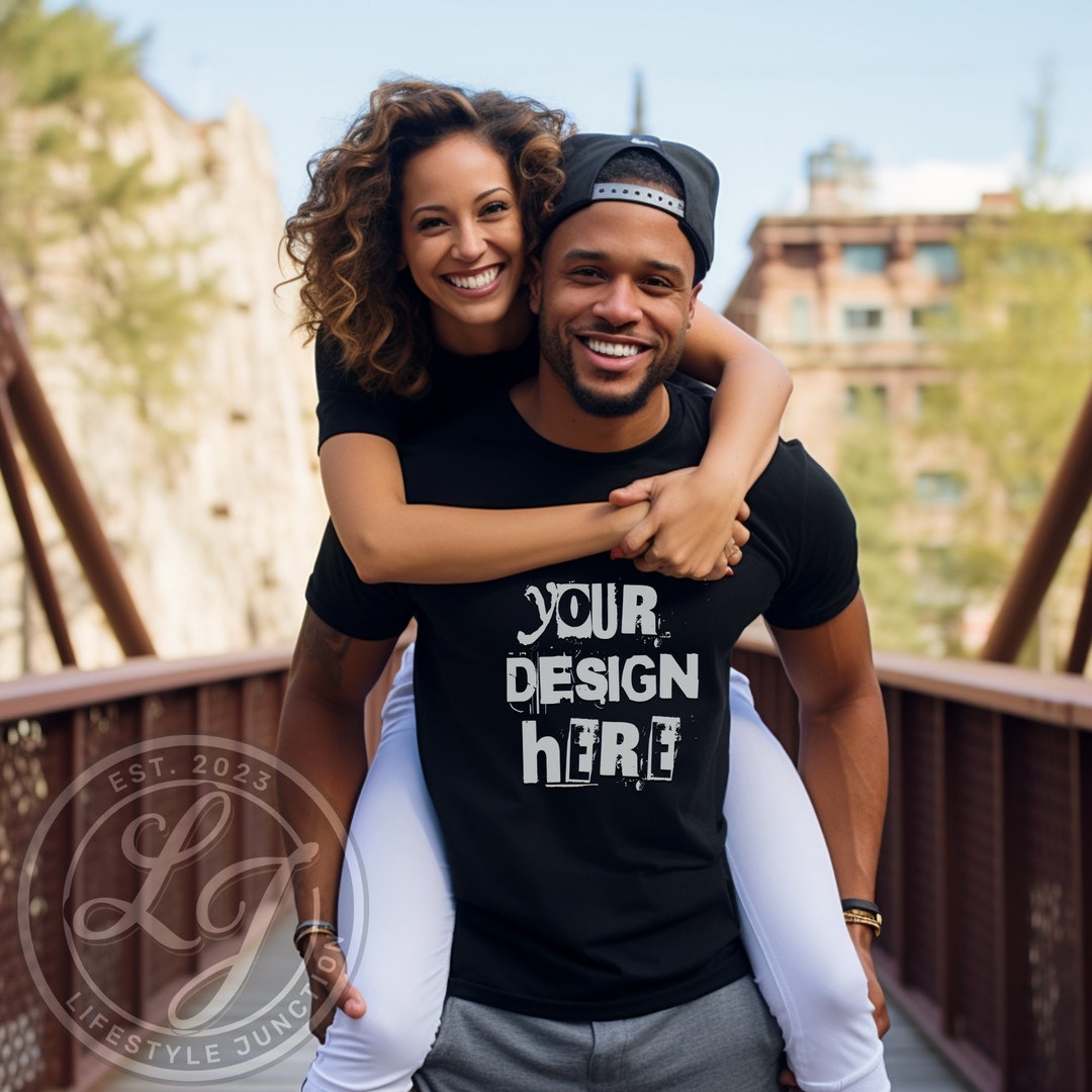 Bella Canvas 3001 Black T-shirt Mockup: Interracial Couple (PNG Digital ...
