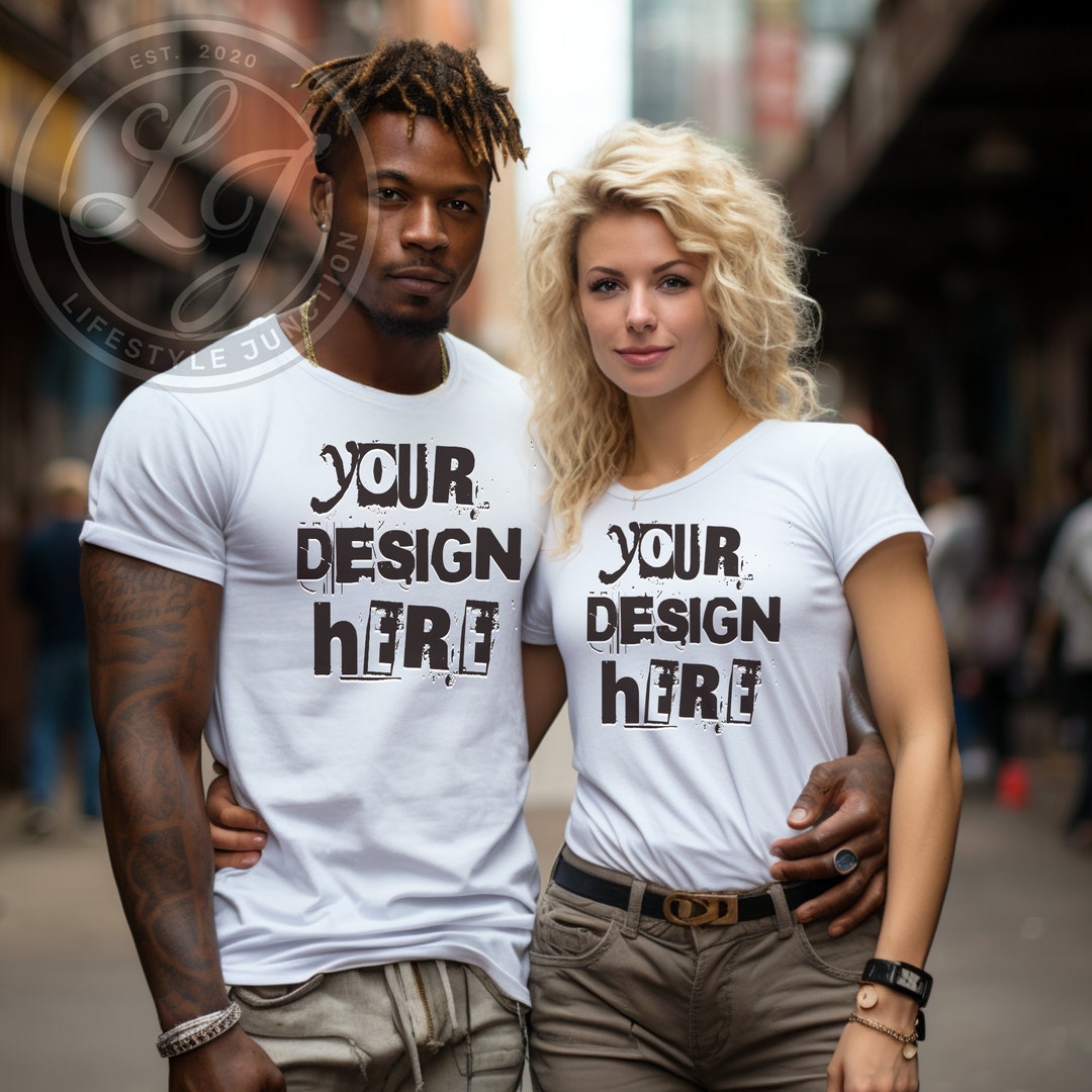 Bella Canvas 3001 White T-shirt Mockup: Interracial Couple (PNG Digital ...