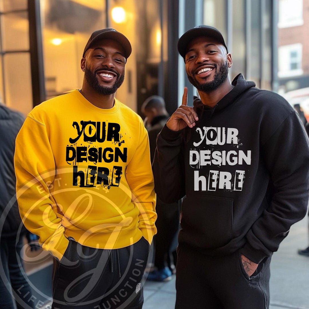 Black Gildan 18500 Male Hoodie Mockup Yellow Gildan 18000 Sweatshirt ...